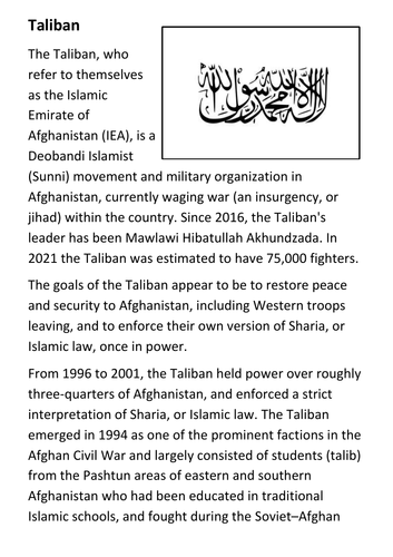 The Taliban Handout | Teaching Resources