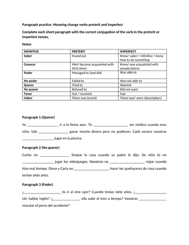 Meaning change verbs paragraphs imperfect preterit | Teaching Resources