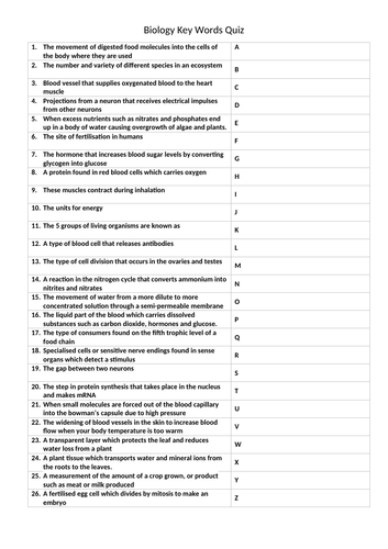 Biology Key Words Alphabet Quiz | Teaching Resources