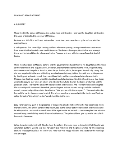 A Summary of the opening scenes of MUCH ADO ABOUT NOTHING SHAKESPEARE ...