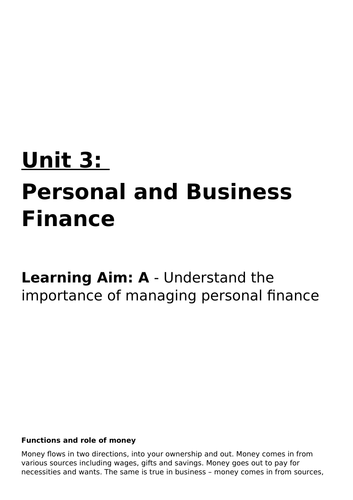 Unit 3 - Personal and Business Finance LAA Booklet | Teaching Resources