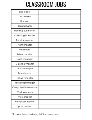 Classroom Job Chart Template