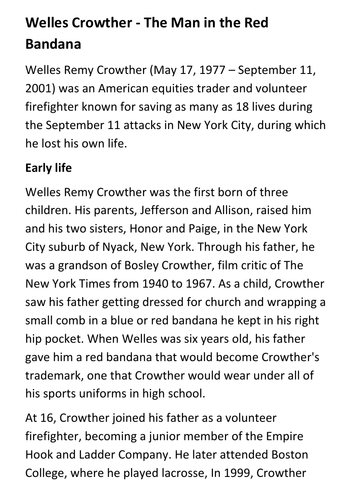 Welles Crowther - The Man in the Red Bandana Handout | Teaching Resources