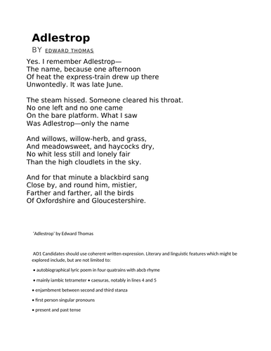 Literary and Linguistic features of Adlestrop by Edward Thomas A level ...