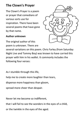 The Clown's Prayer Handout | Teaching Resources