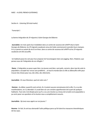 WJEC A LEVEL FRENCH transcript from listening exam with vocabulary ...