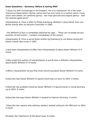 AQA GCSE Germany 1890-1939 Exam Questions | Teaching Resources