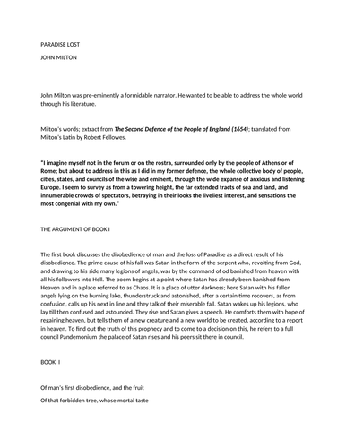 Paradise Lost Book I A LEVEL ENGLISH LITERATURE - analysis of the ...