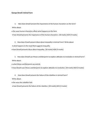 GCSE English LITERATURE GEORGE ORWELL ANIMAL FARM exam questions ...