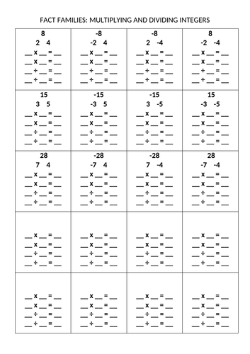 integer-multiplication-and-division-factfamilies-teaching-resources