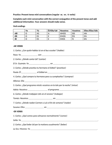 Present tense mini conversations practice | Teaching Resources