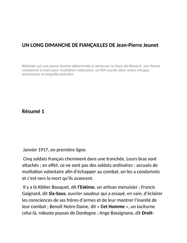 Un long dimanche de fiançailles A LEVEL FRENCH - extensive revision ...