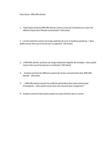 A level French lesson plan; questions from past papers KIFFE KIFFE ...