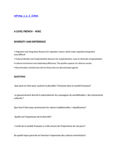 A LEVEL FRENCH - discussing diversity in France - extensive revision ...