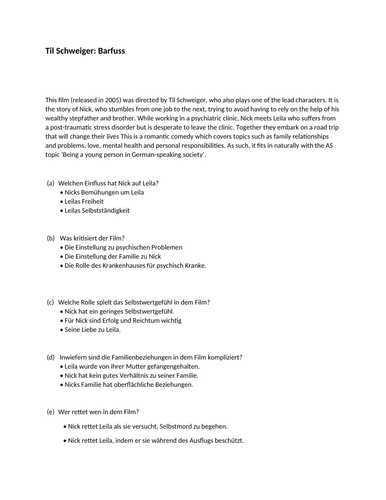 German A Level : Film : Til Schweiger: Barfuss - revision questions ...