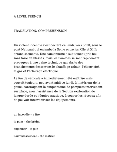 A Level French Lesson Plan - preparing for the translation exercise ...