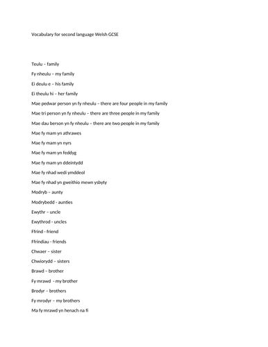 Second Language Welsh GCSE vocabulary- family, school subjects, hobbies ... Second Language Welsh GCSE vocabulary- family, school subjects, hobbies ...