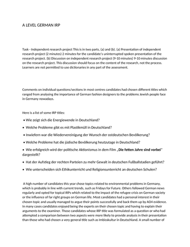 A level German individual research project - GUIDANCE NOTES/ example ...