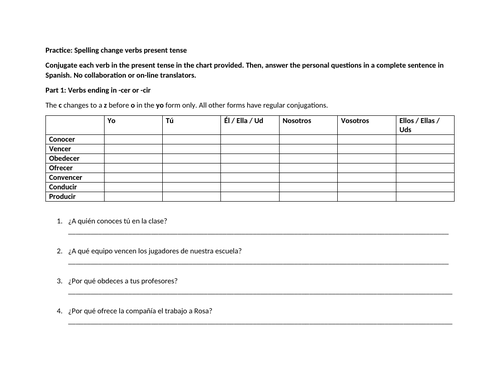 Present tense spelling change verbs practice | Teaching Resources