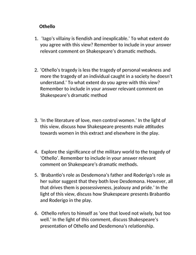 a/as level english literature - bundle of exam questions - OTHELLO ...