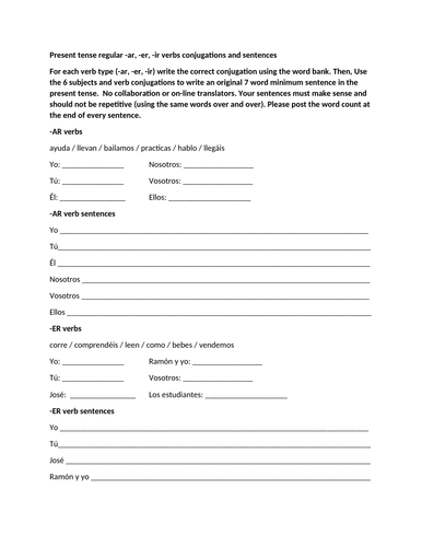 Present tense conjugation and sentences regular verbs | Teaching Resources