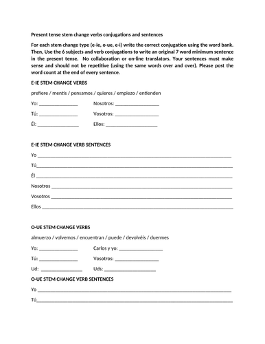 Present tense stem change verbs conjugation and sentences | Teaching ...