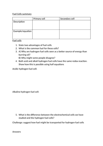 Fuel cells summary to complete | Teaching Resources