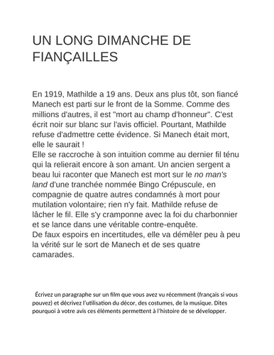 UN LONG DIMANCHE DE FIANÇAILLES; lesson plan - historical context- A ...