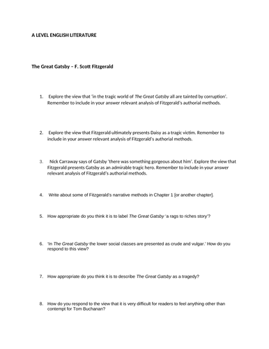 F. SCOTT FITZGERALD 'THE GREAT GATSBY' A level English Literature ...