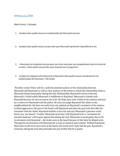 Albert camus L'etranger extensive revision sheet A level French;summary ...