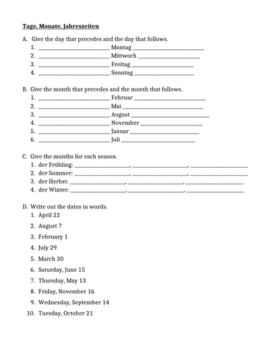 Secondary German resources: days, dates, months, seasons
