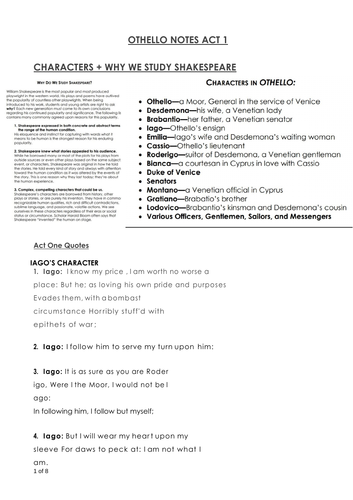 Othello Quote Notes Act 1 | Teaching Resources