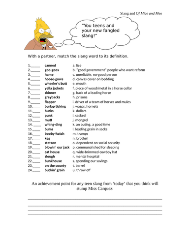 Of Mice and Men - Slang Terms Activity | Teaching Resources