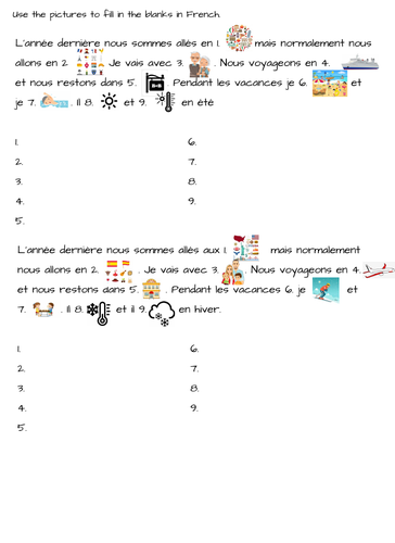 Les Vacances Gap Fill Exercise - French | Teaching Resources
