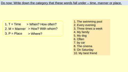 Time Manner Place Word Order Hobbies | Teaching Resources