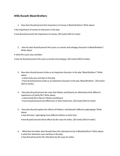 A level English literature PAST PAPERS MOCK EXAM WILLY RUSSELL BLOOD ...