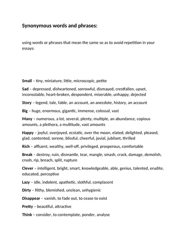 Ambitious Synonyms English Language Year 5 - exercise to expand ...