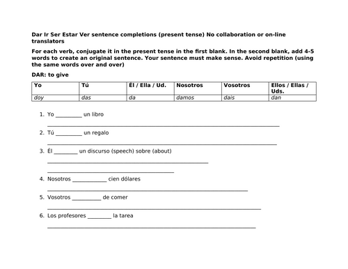 Dar ir ser estar ver sentence completion practice | Teaching Resources