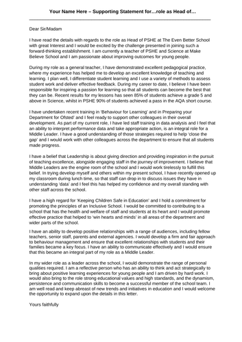 Middle Leader/Head of Department Letter | Teaching Resources