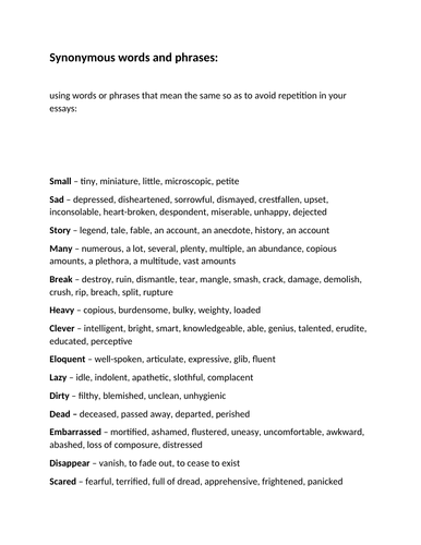 KS2 extensive list of vocabulary with synonyms ; English Language year ...