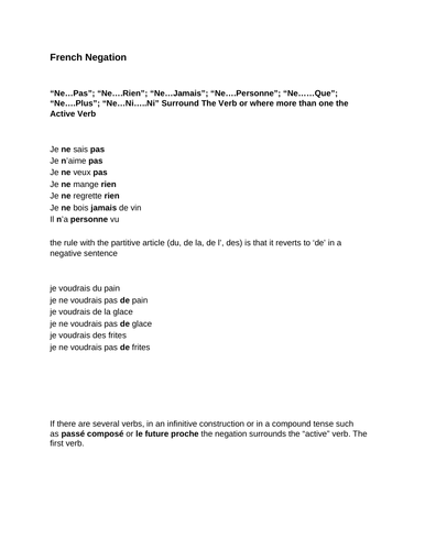 gcse revision sheet/ lesson plan FRENCH - the negative; ne...pas; ne ...