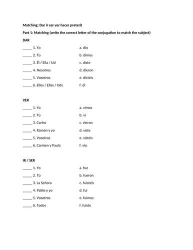Preterit dar ir ser ver hacer matching and questions | Teaching Resources