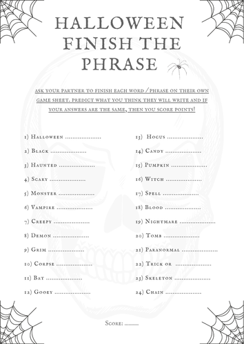 Halloween Finish That Phrase Game Sheet | Teaching Resources