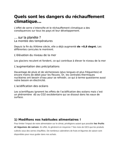 A LEVEL FRENCH DISCUSSING CLIMATE CHANGE le réchauffement climatique ...
