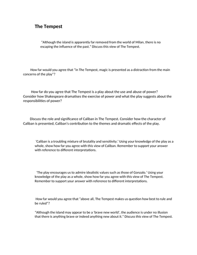 Mock A Level English Literature questions on Shakespeare's The Tempest ...