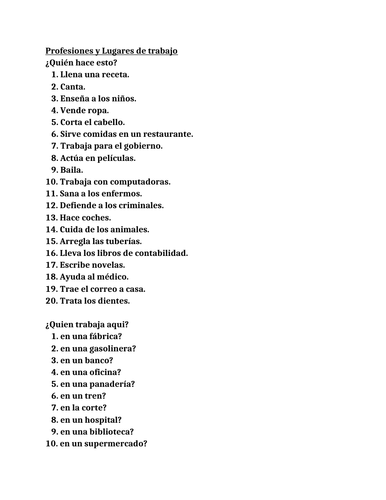 Profesiones y Lugares de trabajo Spanish Worksheet | Teaching Resources