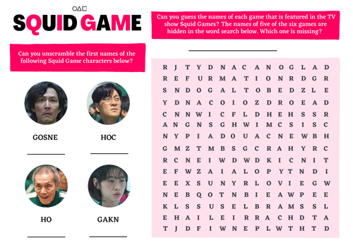 Squid Game Activity Sheet and Answers. Word Search & Word Unscramble ...