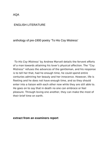 anthology of pre-1900 poetry ‘To His Coy Mistress’ Andrew Marvell ...