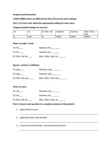 Irregular preterit practice | Teaching Resources