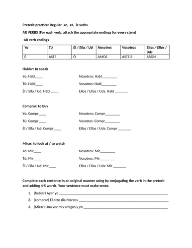Regular preterit practice | Teaching Resources